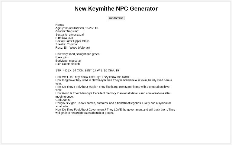 New Keymithe NPC Generator