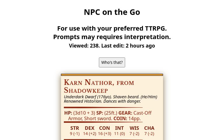 NPC on the GoFor use with your preferred TTRPG.Prompts may requires ...