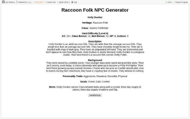 Raccoon Folk NPC Generator