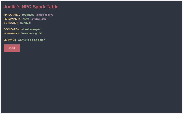 Joelle's NPC Spark Table ― Perchance Generator
