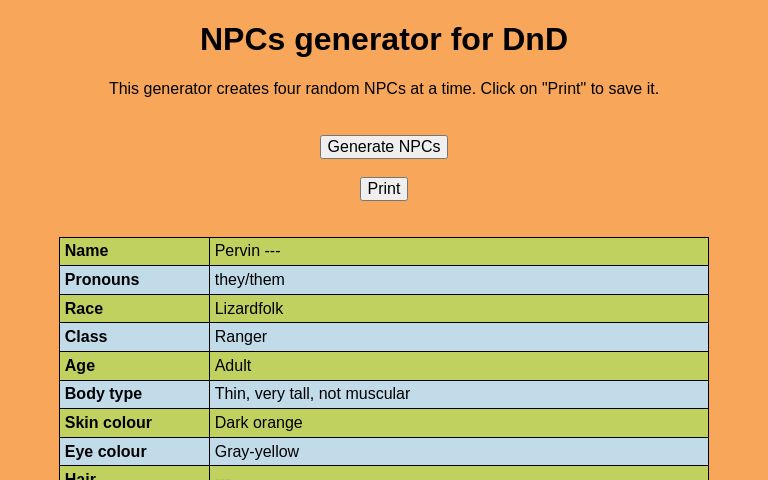 NPCs generator for DnD