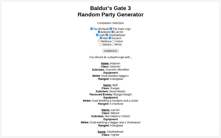 Baldur's Gate 3 Random Party Generator