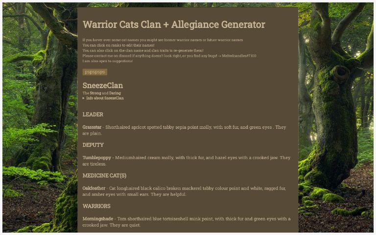 Warrior Cats Clan + Allegiance Generator