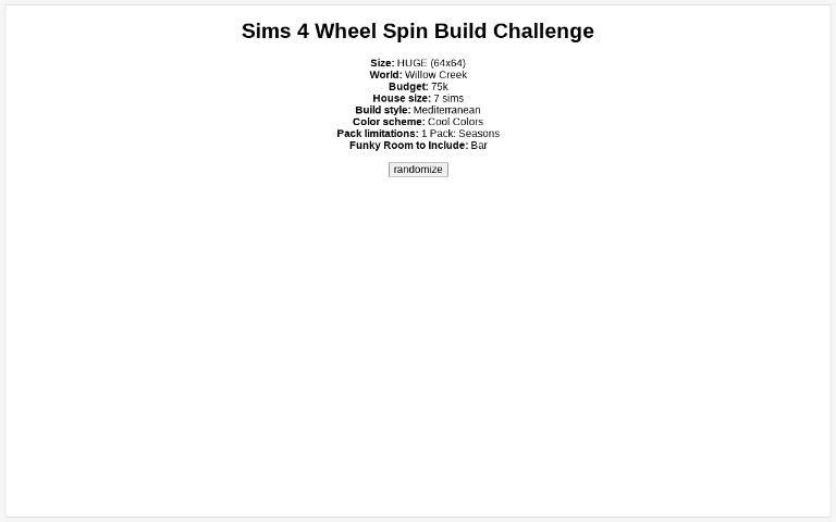 Sims 4 Wheel Spin Build Challenge ― Perchance Generator