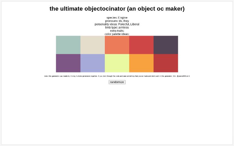the ultimate objectocinator (an object oc maker) ― Perchance Generator
