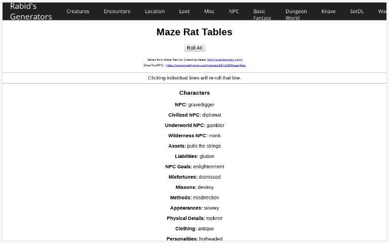 Maze Rat Tables ― Perchance Generator
