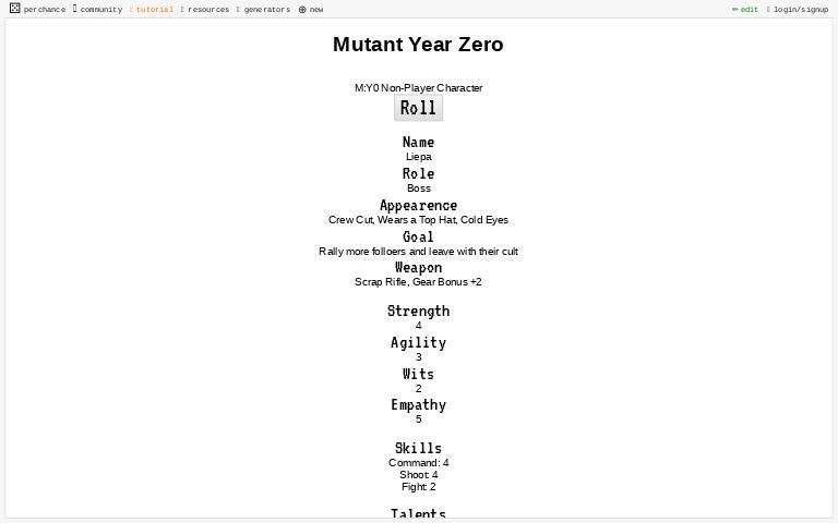 Mutant Year Zero ― Perchance Generator