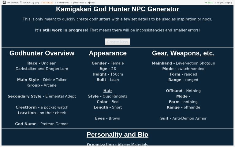 Kamigakari Godhunter Creator ― Perchance Generator