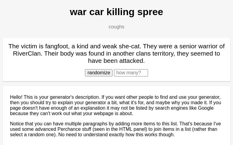 war car killing spree ― Perchance Generator