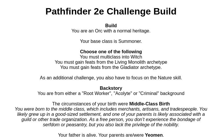 Pathfinder 2e Challenge Build ― Perchance Generator