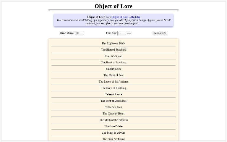 Object of Lore ― Perchance Generator