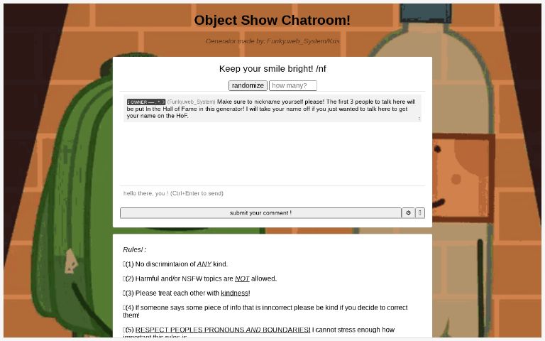 Object Show Chatroom! ― Perchance Generator
