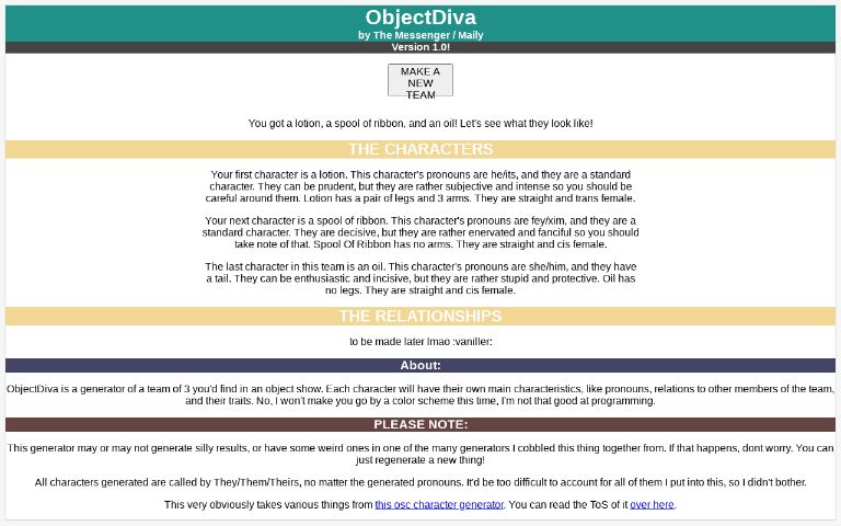 ObjectDiva ― Perchance Generator