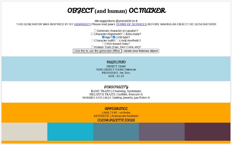 OBJECT (and human) OC MAKER ― Perchance Generator