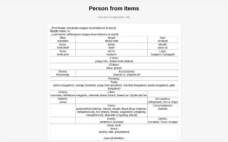 Person from Items ― Perchance Generator