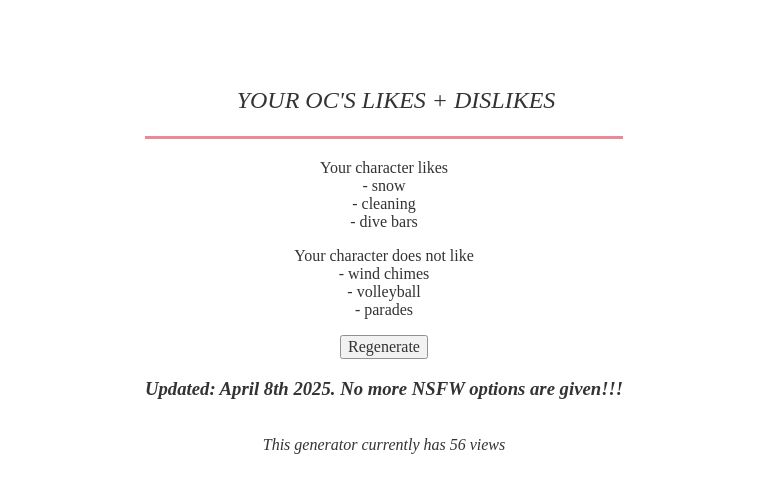 Your OC's Likes + Dislikes ― Perchance Generator