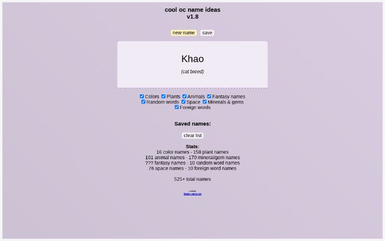 cool oc name ideasv1.8 ― Perchance Generator