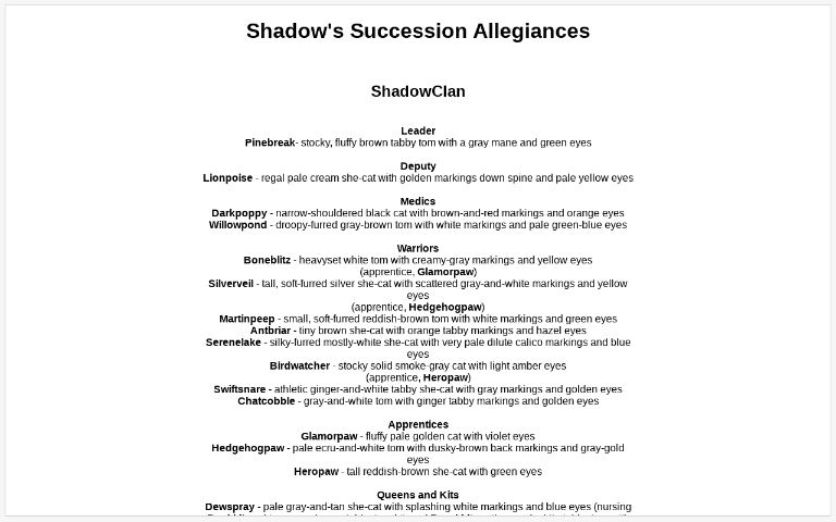 Shadow's Succession Allegiances ― Perchance Generator