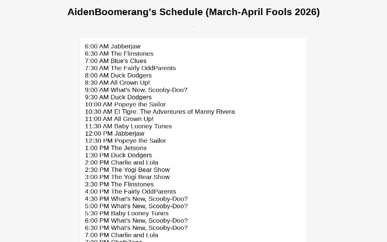 AidenBoomerang's Schedule (March-April Fools 2026) ― Perchance Generator