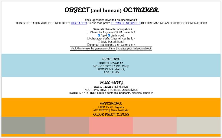 OBJECT (and human) OC MAKER ― Perchance Generator