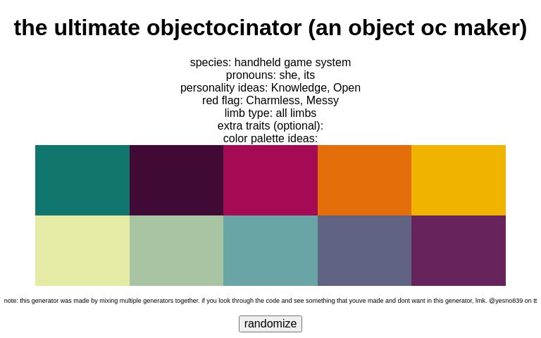 the ultimate objectocinator (an object oc maker) ― Perchance Generator