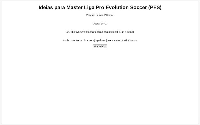 Ideias para Master Liga Pro Evolution Soccer (PES) ― Perchance Generator