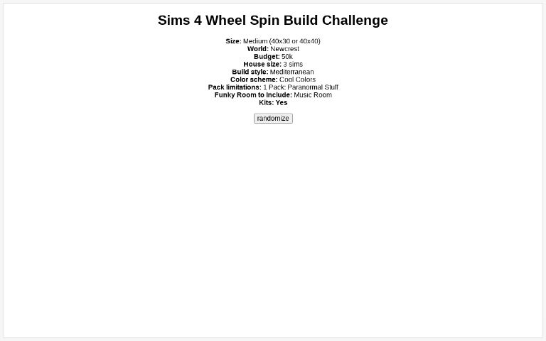 Sims 4 Wheel Spin Build Challenge ― Perchance Generator