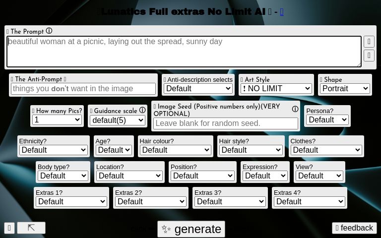 Lunatic's full extras No Limit AI (Free, No Sign-up, No Limits) ― Perchance Generator