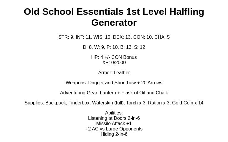 Old School Essentials 1st Level Halfling Generator