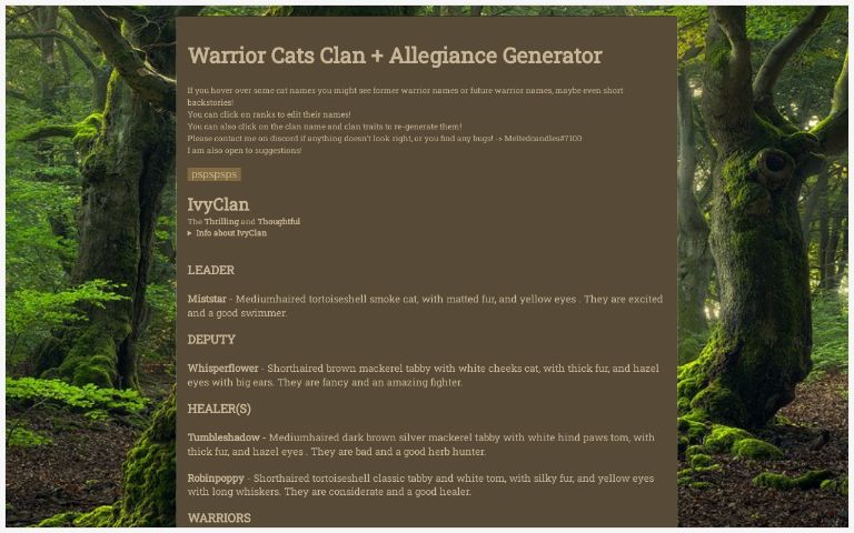 Warrior Cats Clan + Allegiance Generator
