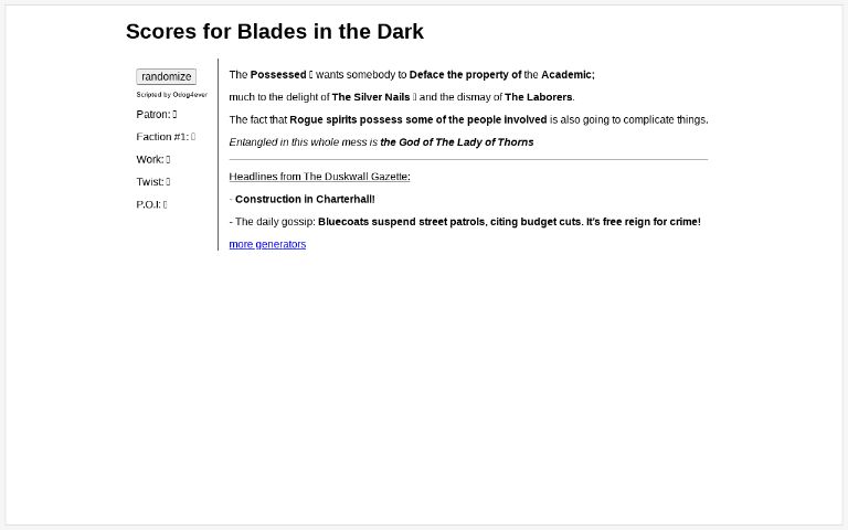 Scores for Blades in the Dark ― Perchance Generator