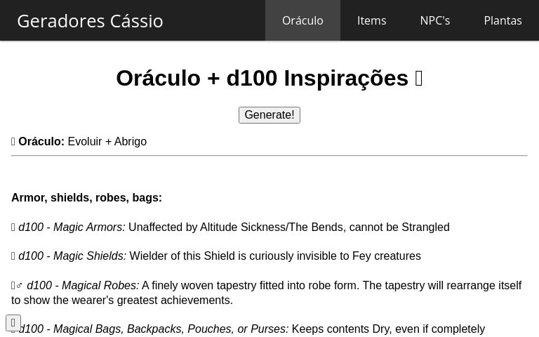 Oráculo + d100 Inspirações 🗿 ― Perchance Generator