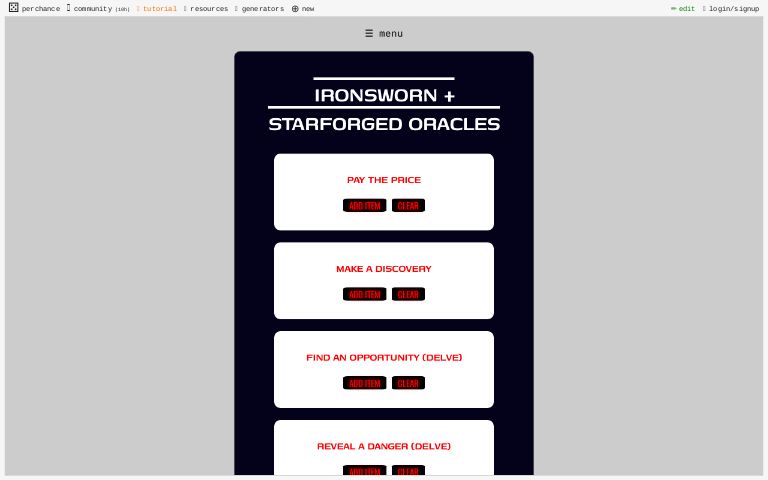 Ironsworn + Starforged Oracles ― Perchance Generator