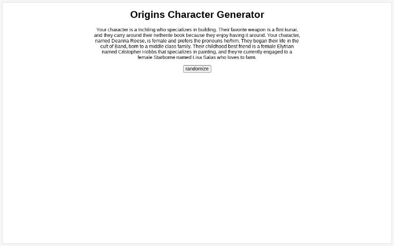 Origins Character Generator
