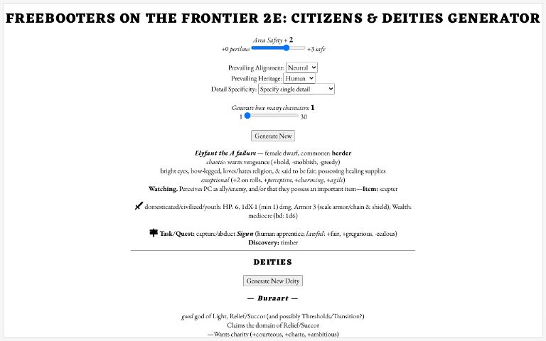 Freebooters on the Frontier 2e: Citizens & Deities Generator