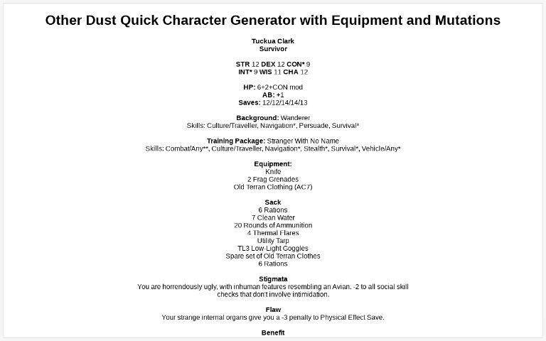 Other Dust Quick Character Generator with Equipment and Mutations