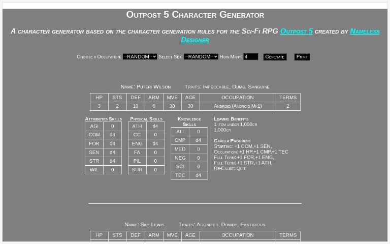 Outpost 5 Character Generator