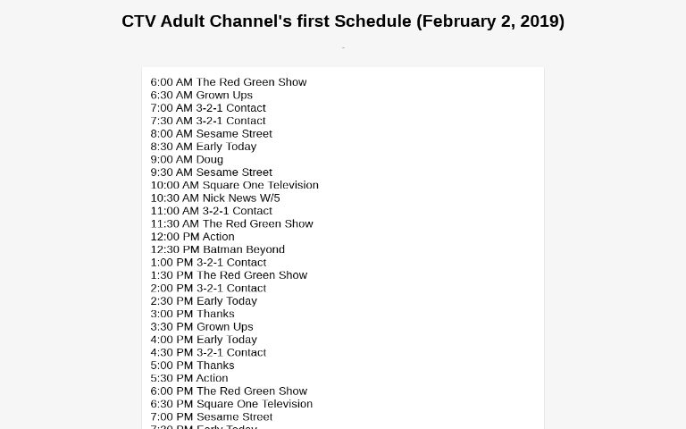 CTV Adult Channel's first Schedule (February 2, 2019) ― Perchance Generator