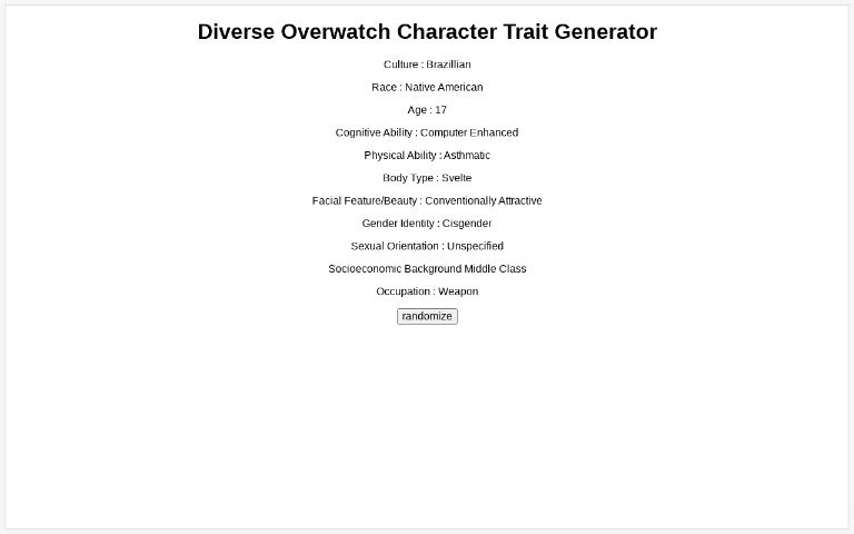 Diverse Overwatch Character Trait Generator