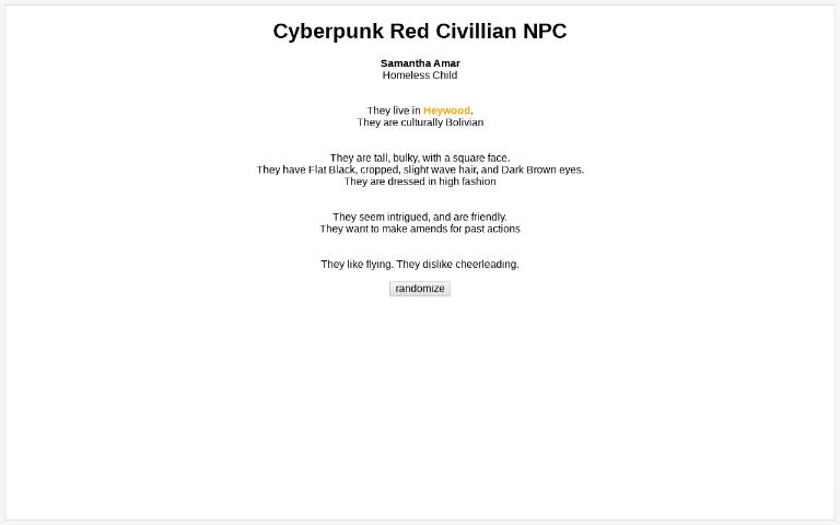 Cyberpunk Red Civillian NPC ― Perchance Generator