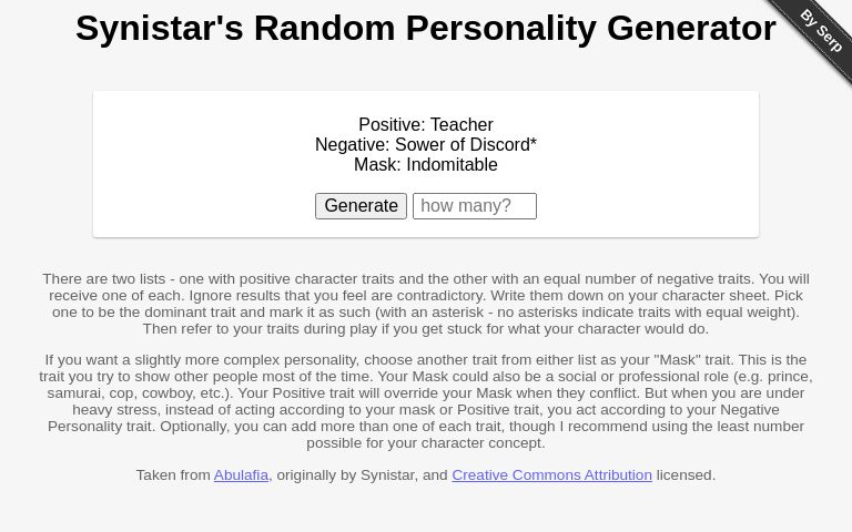 Synistar's Random Personality Generator