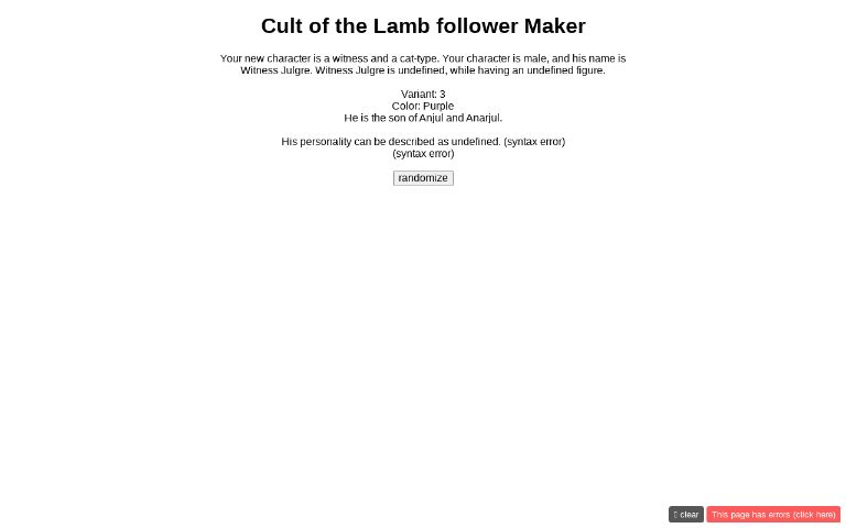 Cult of the Lamb follower Maker ― Perchance Generator