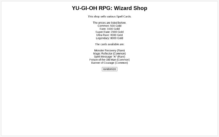 YU-GI-OH RPG: Wizard Shop ― Perchance Generator