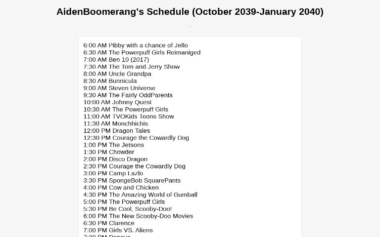 AidenBoomerang's Schedule (October 2039-January 2040) ― Perchance Generator
