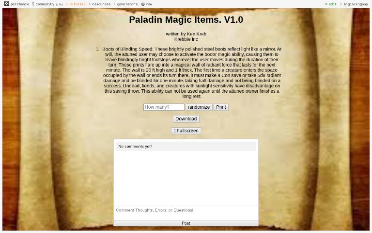 Paladin Magic Items. V1.0 ― Perchance Generator
