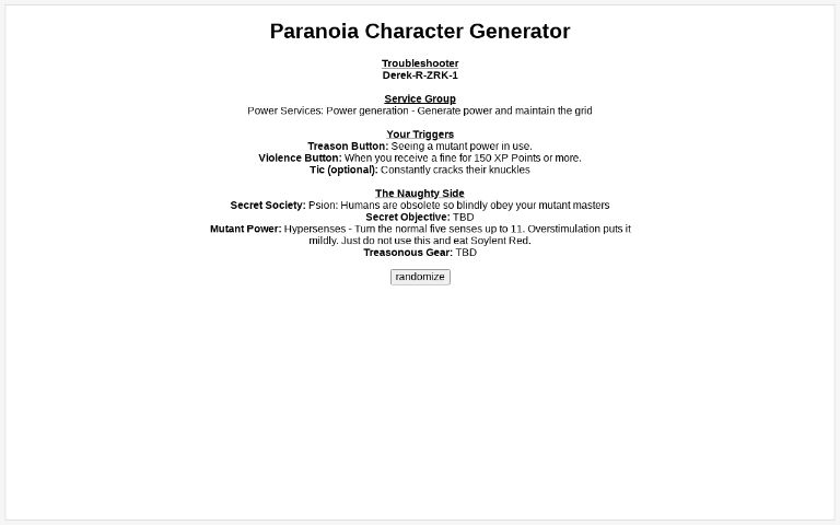 Paranoia Character Generator