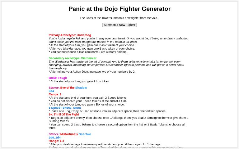 Panic at the Dojo Fighter Generator