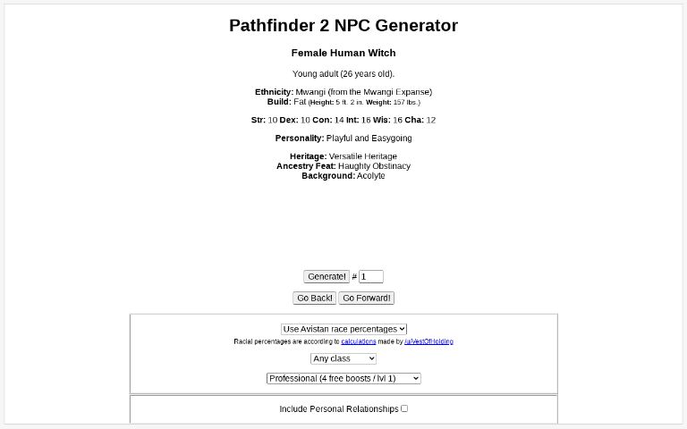 Pathfinder 2 NPC Generator