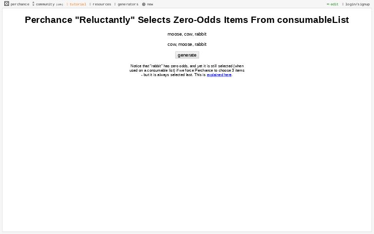 Perchance "Reluctantly" Selects Zero-Odds Items From consumableList ― Perchance Generator