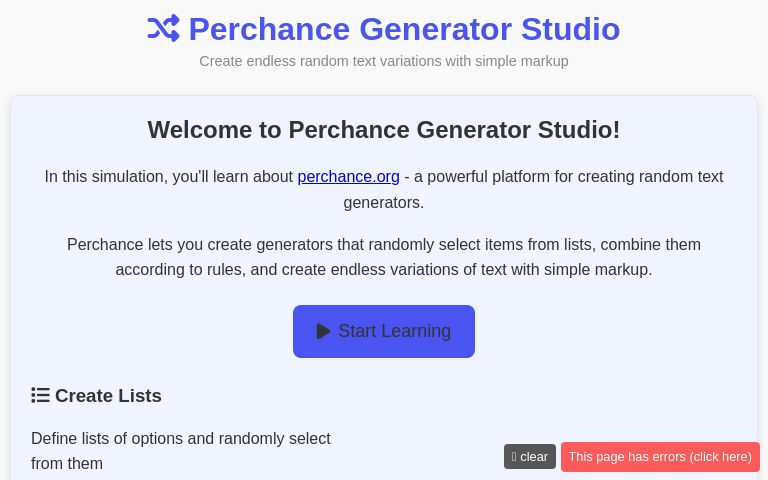 Perchance Generator Studio Create endless random text variations with simple markup